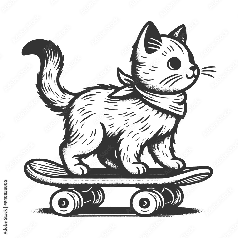 cute cat wearing a bandana and riding a skateboard, combining playful ...