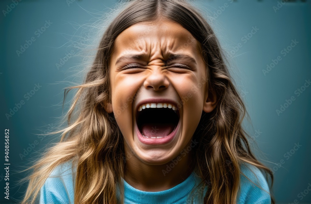 young upset Caucasian girl screaming, crying in pain. shock and ...