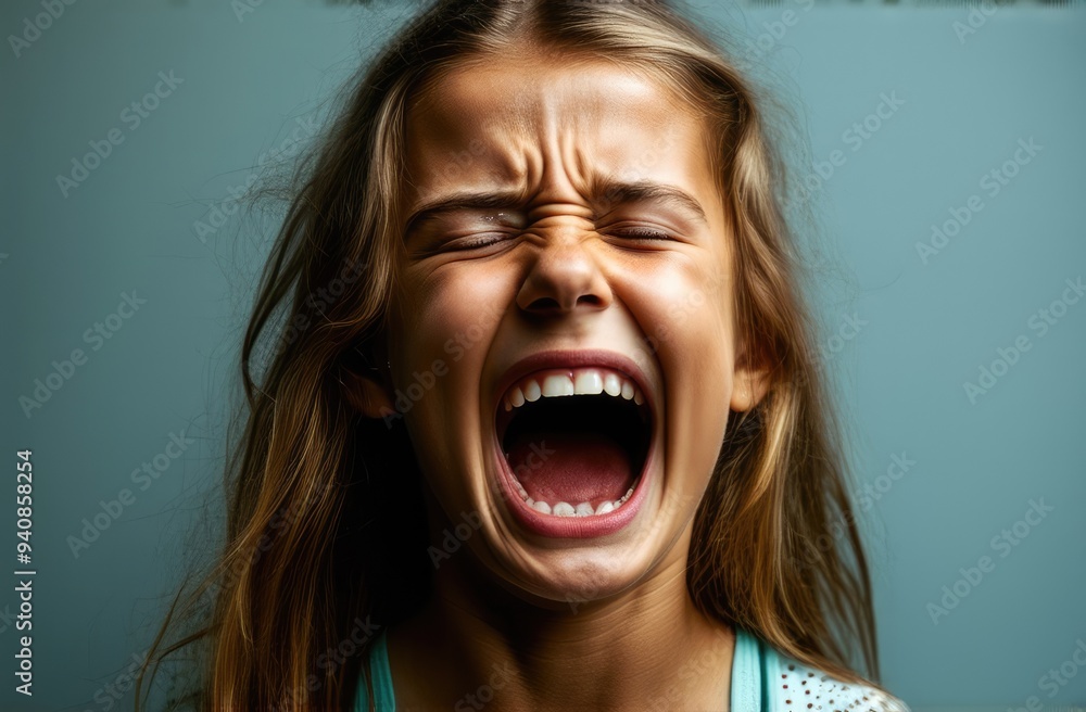 upset Caucasian girl screaming, crying in pain. shock and emotional ...