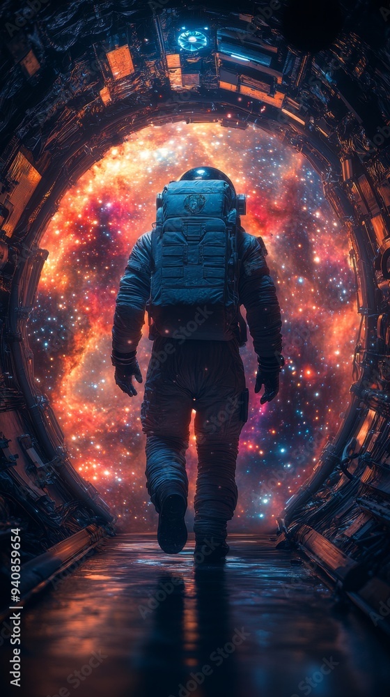 Astronaut Exploring Vast Galaxy: Futuristic Spaceship Interior with ...