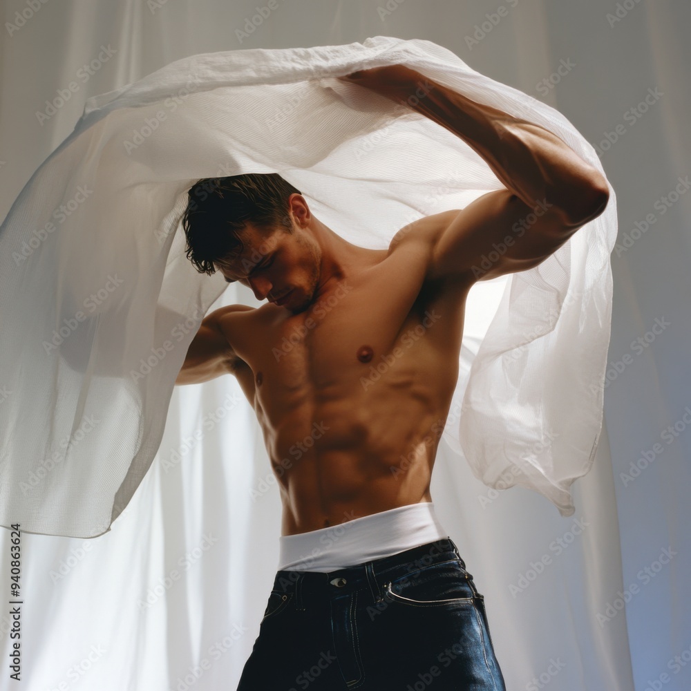 Artistic Portrait of a Fit, Muscular Man Posing Shirtless in Jeans ...