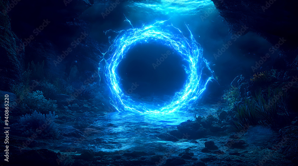 Underwater Abyss A glowing electric blue lightning round frame at the ...