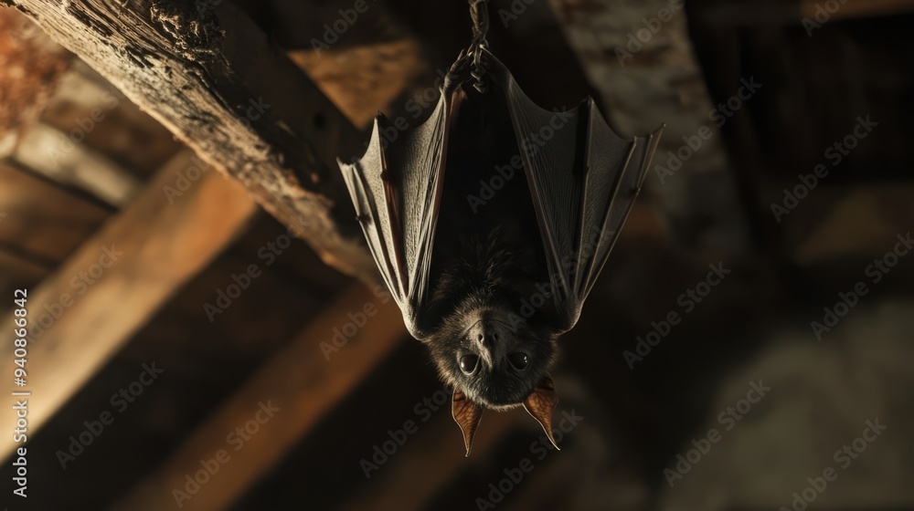Sleeping bat hanging upside down from wooden rafters in dark attic ...