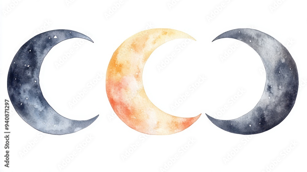 Watercolor Crescent Moon Phases in Different Styles,This image is an ...