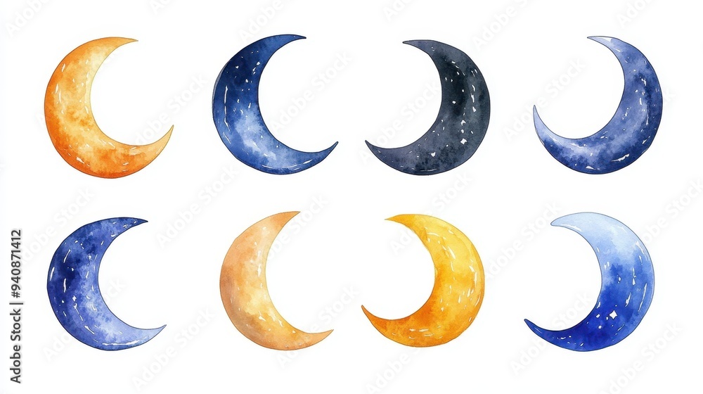 Watercolor Crescent Moon Phases in Different Styles,This image is an ...