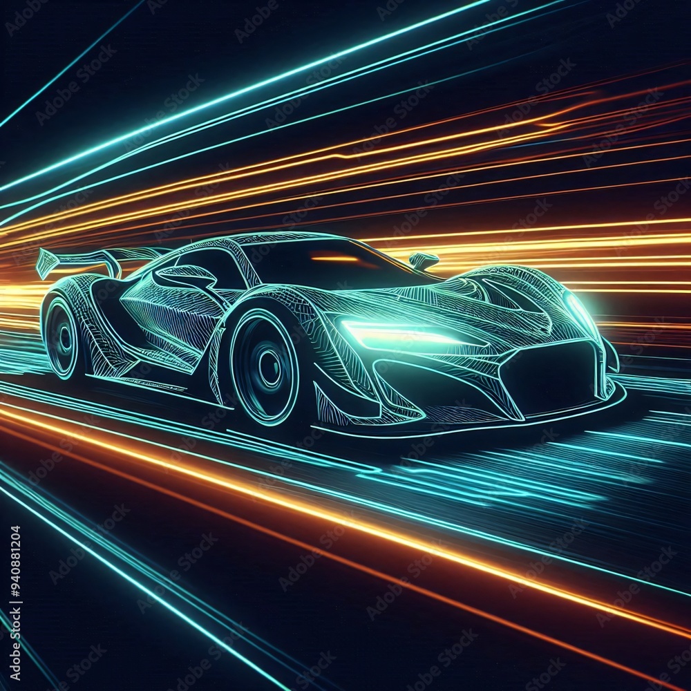 sport car racetrack contour motion blur neon lines drawing speed ...