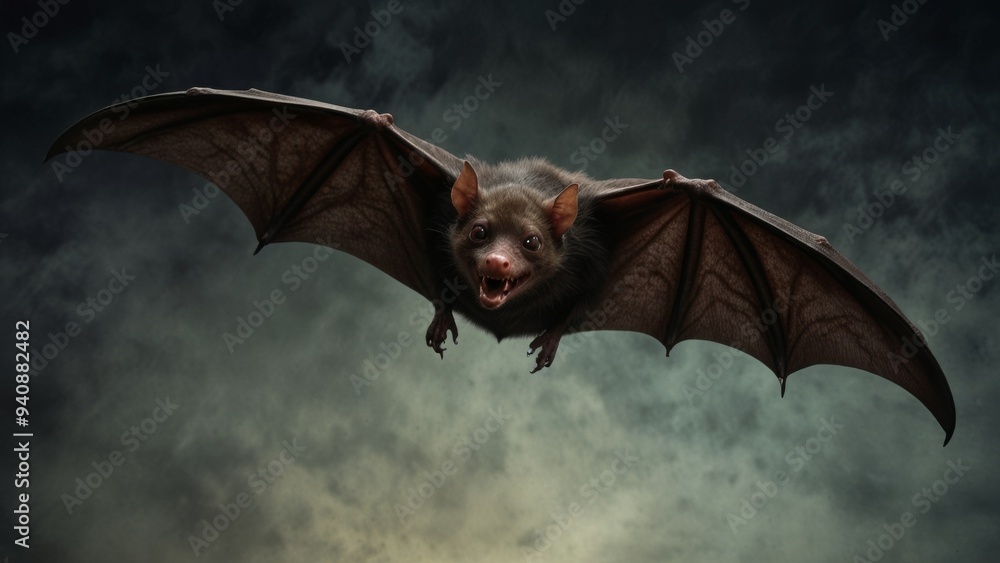 Vampire bat: A large vampire bat, wings spread, flying towards us. Foggy night sky. Stock ...