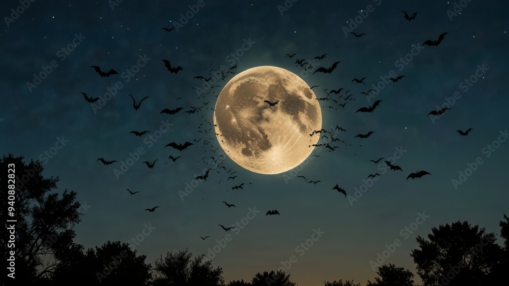 Bat Swarm: A swarm of bats flying past a full moon in the night sky ...