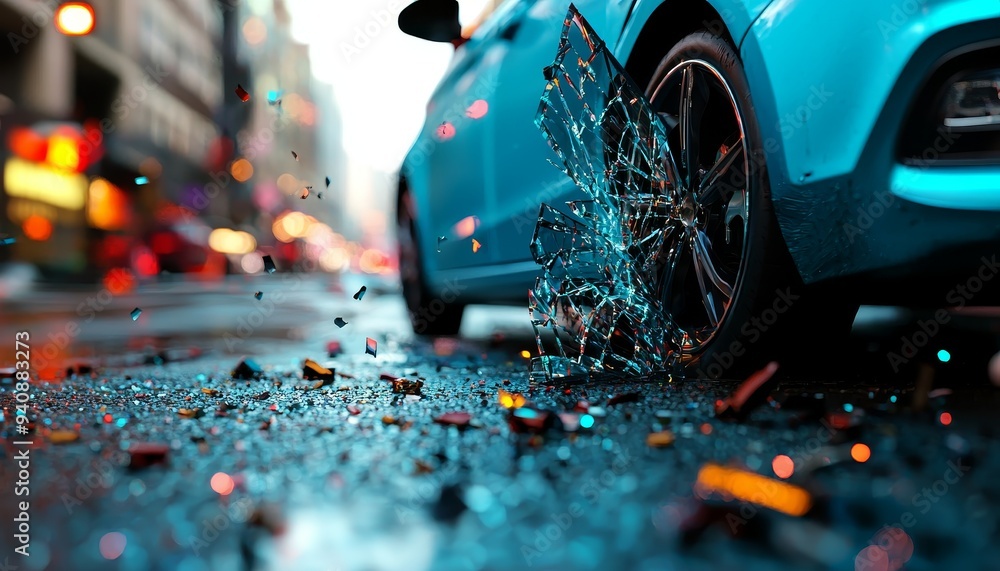 A wrecked blue car with shattered glass and scattered debris on a city ...