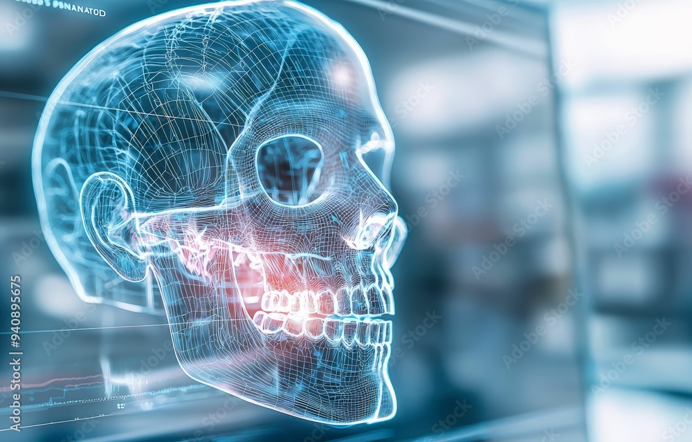 Close-up of a detailed 3D skull anatomy model with nerve pathways ...