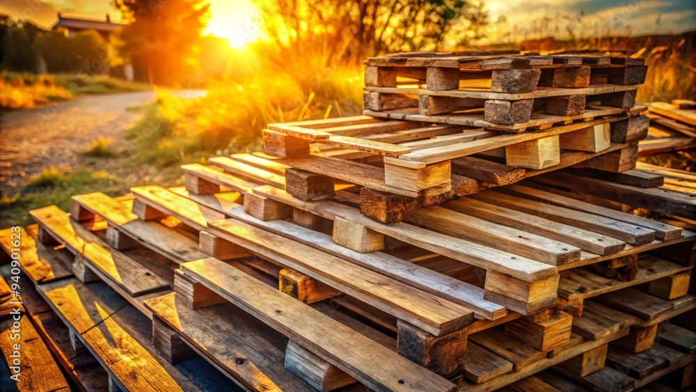 Worn wooden pallets stacked randomly on uneven terrain, weathered and ...