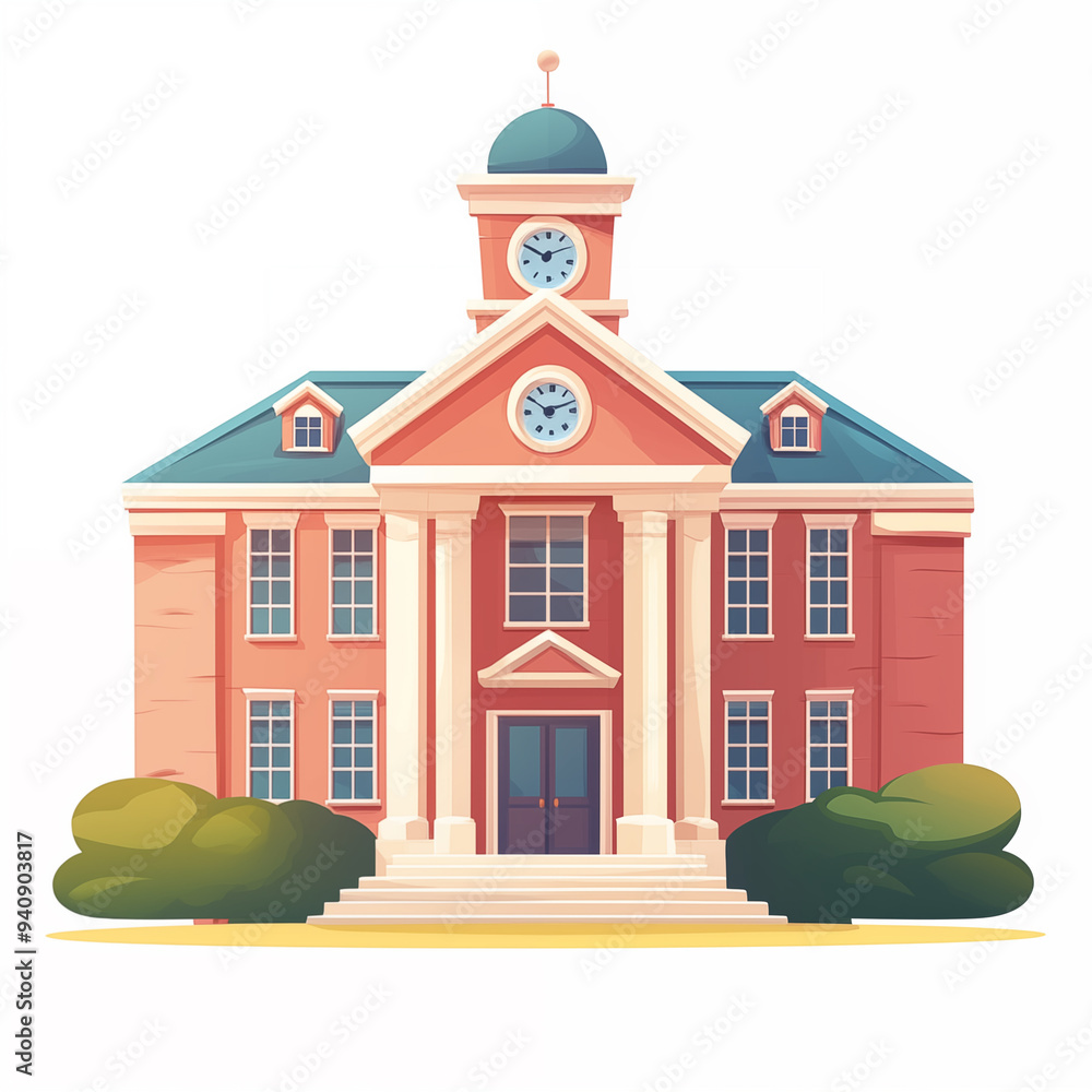 2D cartoon School. Academy entrance. High School building facade ...