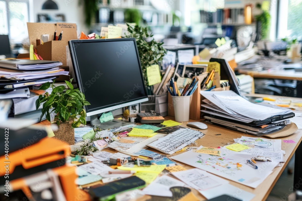 A cluttered office desk filled with sticky notes, papers, and a ...