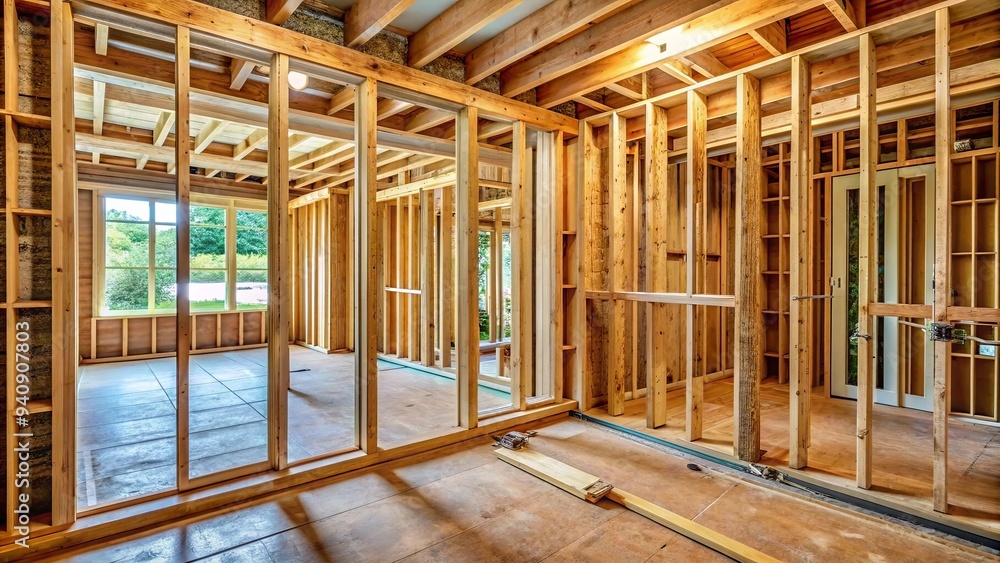 Wood framing with unfinished drywall during house remodeling, wood ...