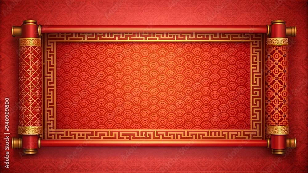 Red Chinese paper scroll with traditional design and render , China ...
