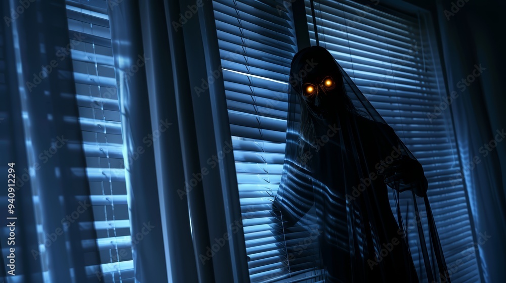 Scary ghost silhouette in bedroom window at night. Horror, thriller and ...