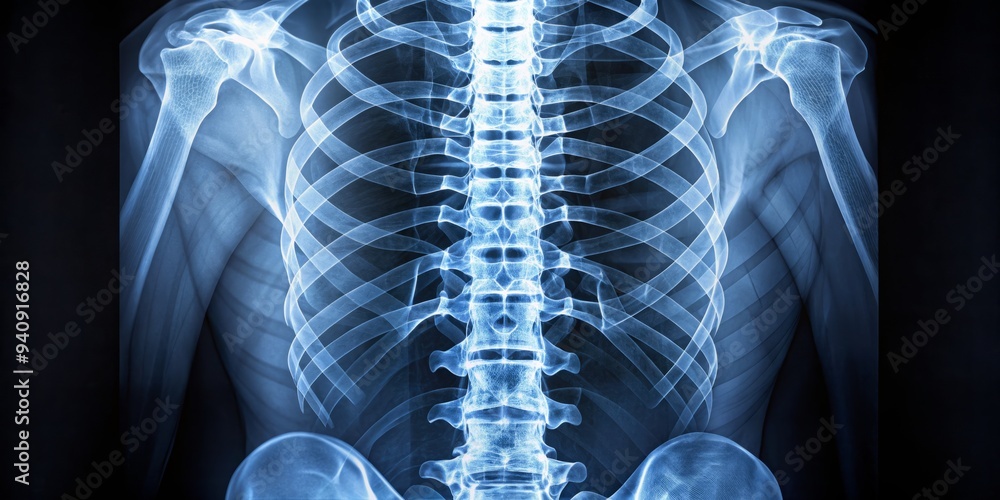 The X-ray image reveals the vertebrae's distinctive shapes, surrounded ...