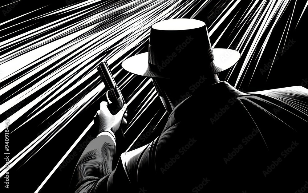 Noir-style comic book scene of a detective in the midst of a fierce ...