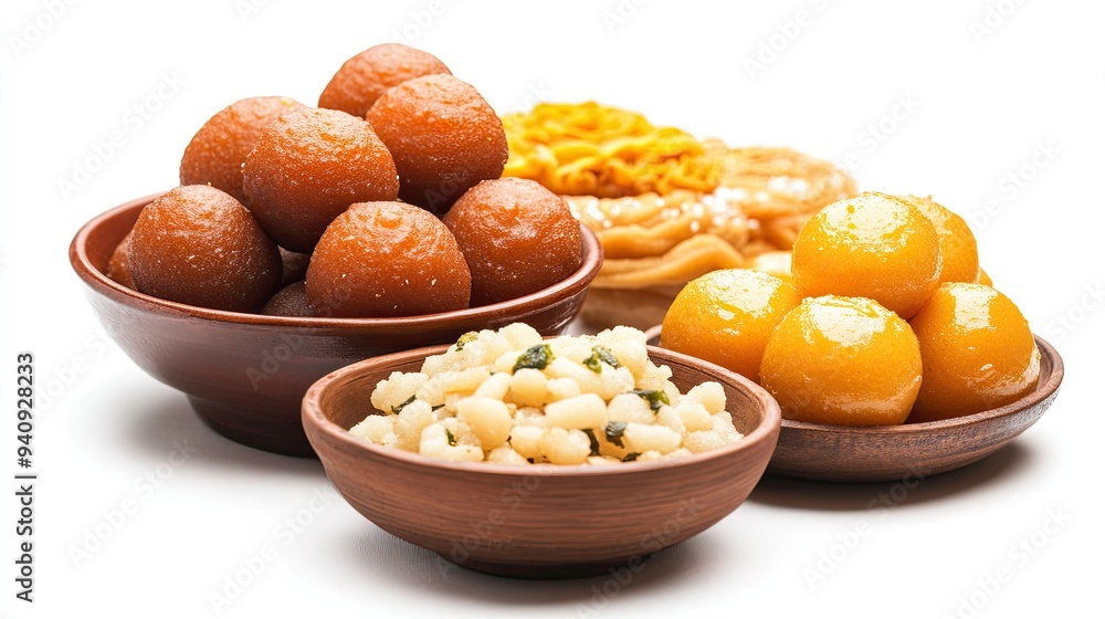 A set of authentic Indian sweets, including gulab jamun, kaju katli ...