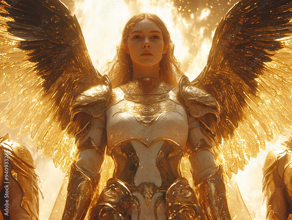 Angel soldier in golden armor, each with a halo around their head ...