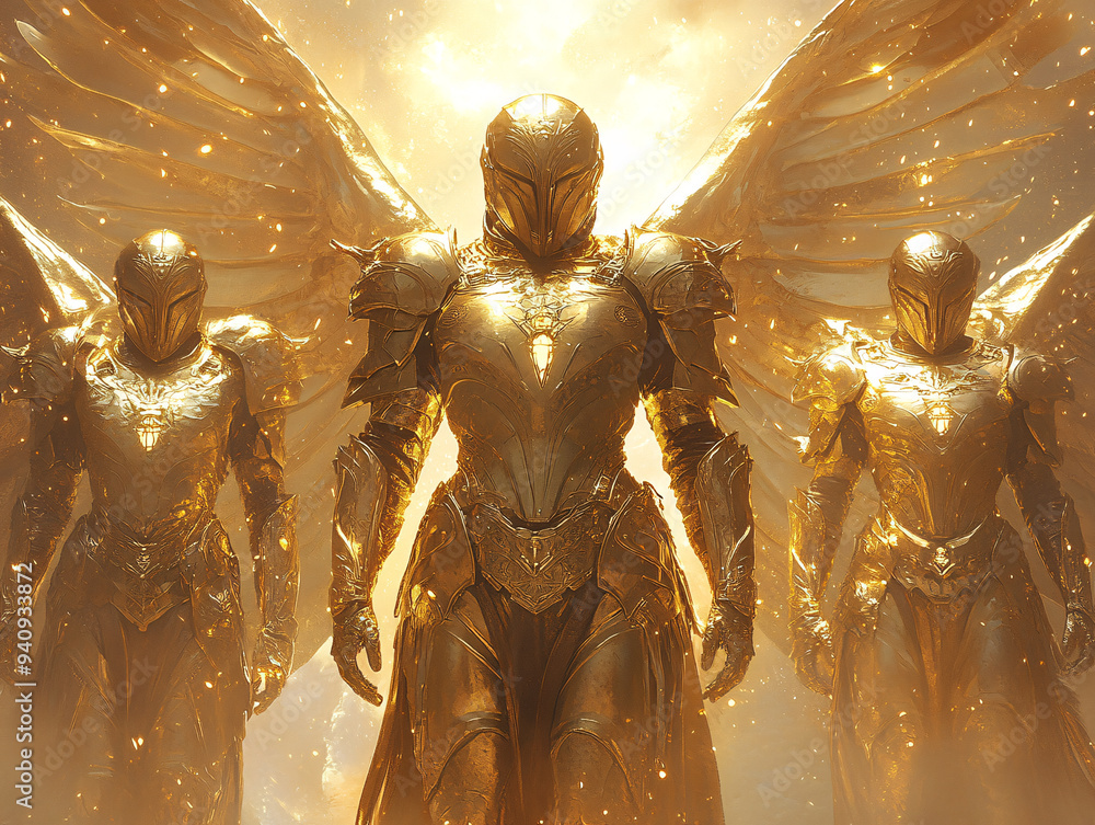 Angel soldier in golden armor, each with a halo around their head ...