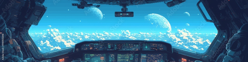 Futuristic Pixel Art Spaceship Cockpit: Alien Planet Exploration Scene ...