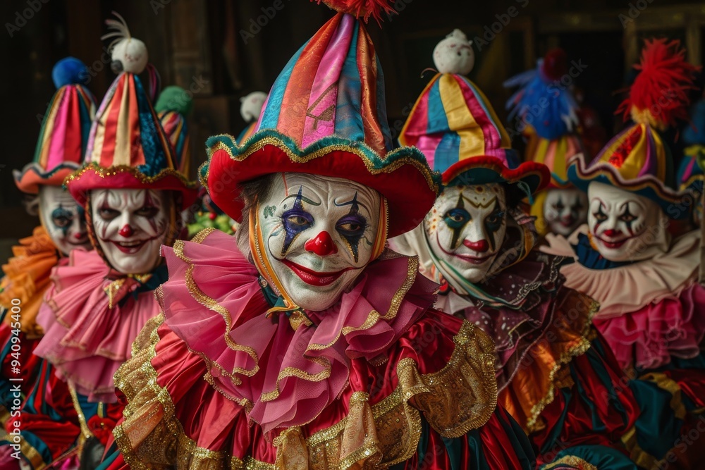 A lively assembly of clowns adorned in bright, colorful costumes ...