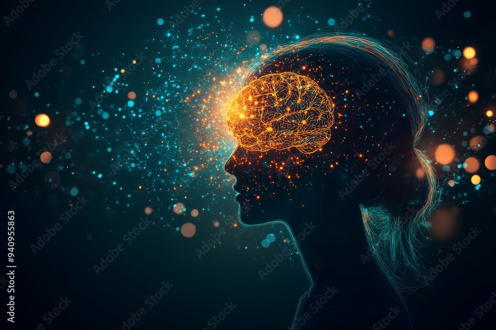 Futuristic Portrait of a Human Head with a Glowing Brain and Neural ...