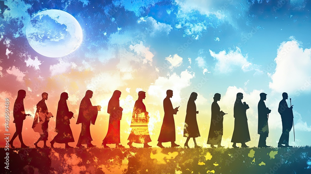 Diverse silhouettes with distinct religious symbols, embodying the ...