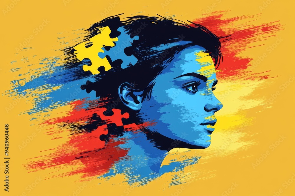 Stylized Female Portrait Blending Vibrant Bold Colors And Fragmented Shapes Symbolizing The