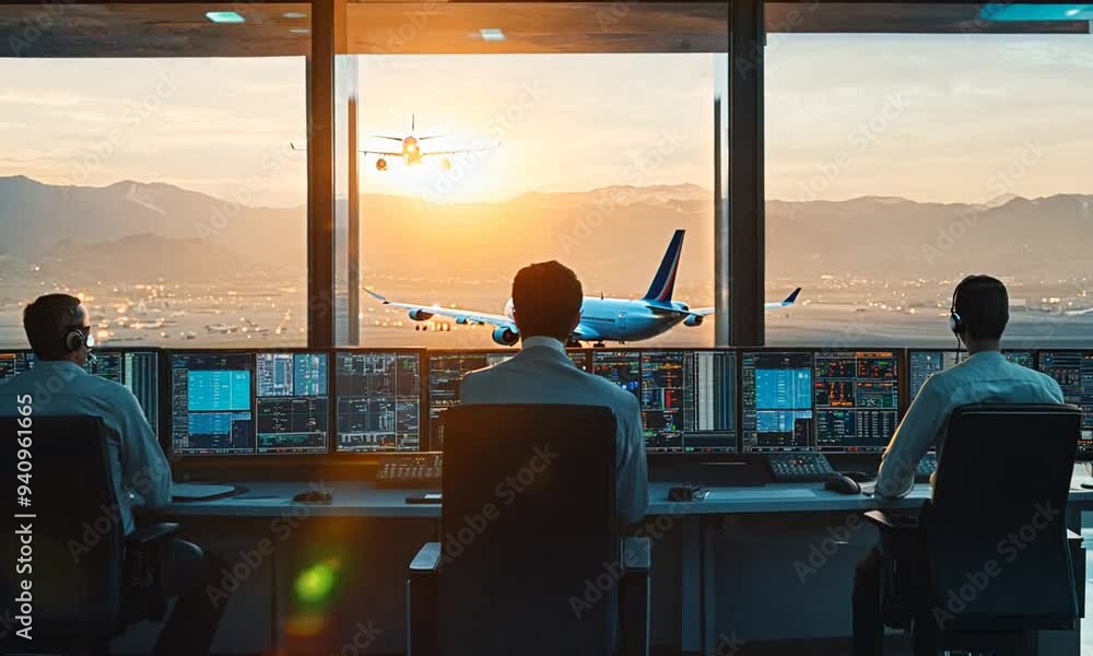 Modern air traffic control room with flight captain and team of air ...