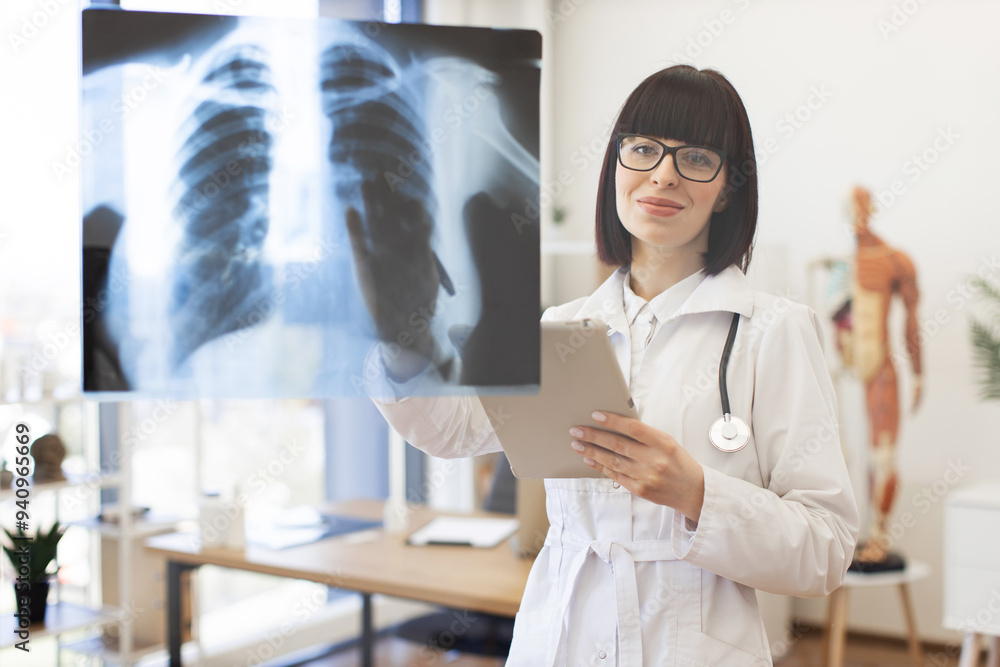 Female doctor studies x-rays of patient on glass board. Professional ...