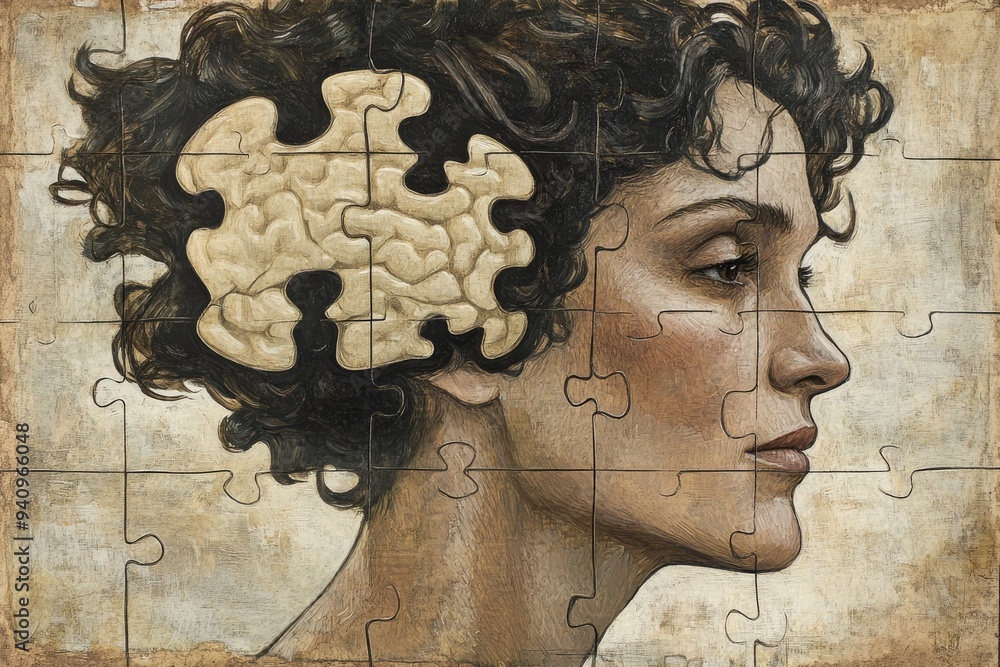 Classical profile portrait of a woman with a missing puzzle piece in ...