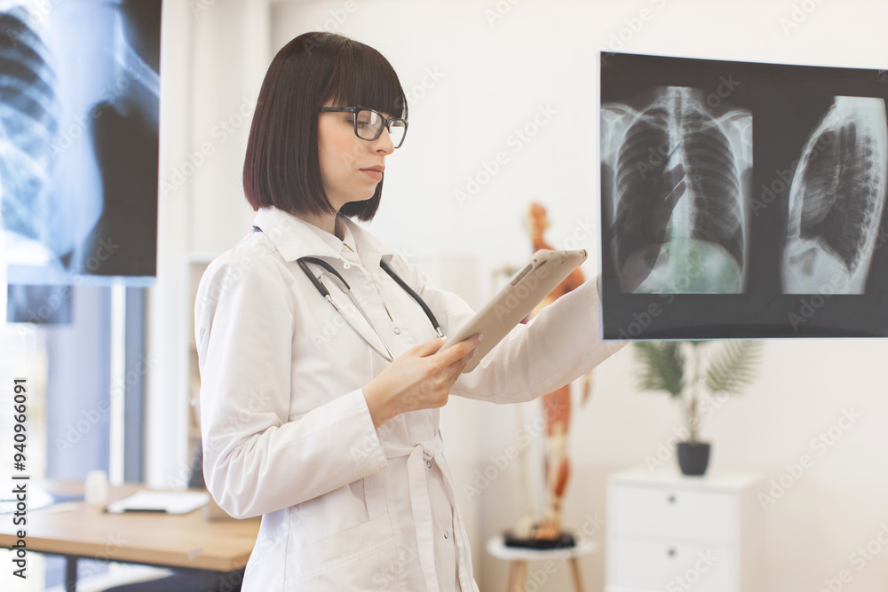 Female doctor studies x-rays of patient on glass board. Medical ...