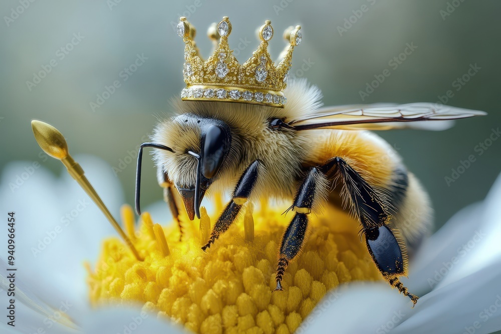 Queen Bee: A bee in royal attire with a crown and scepter, standing on ...