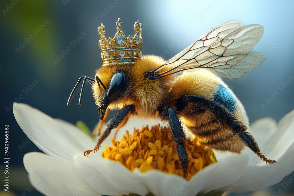 Queen Bee: A bee in royal attire with a crown and scepter, standing on ...