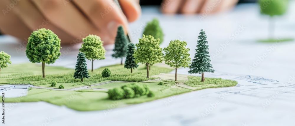 Architect creates a detailed miniature landscape model with trees ...