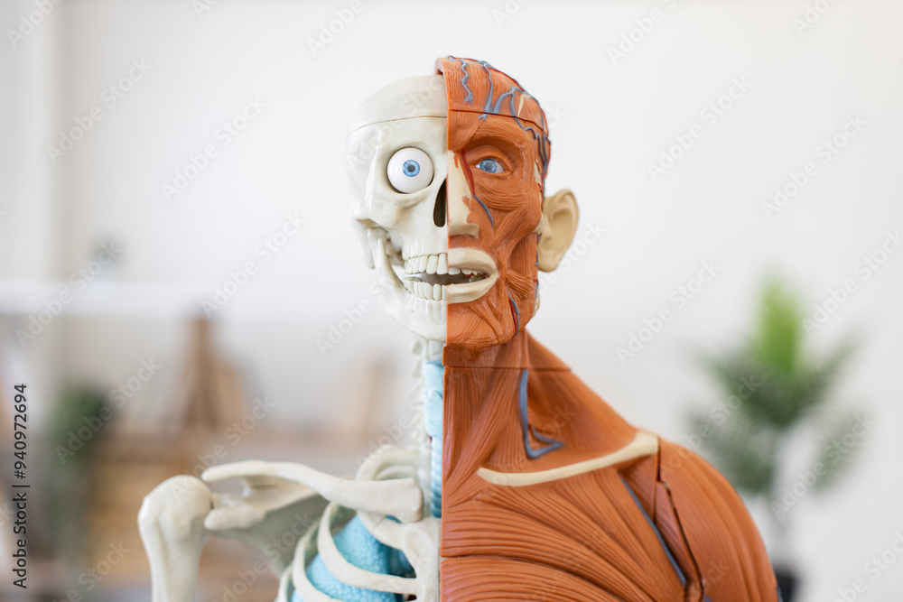 Detailed human anatomy model displaying half skeletal and half muscular ...