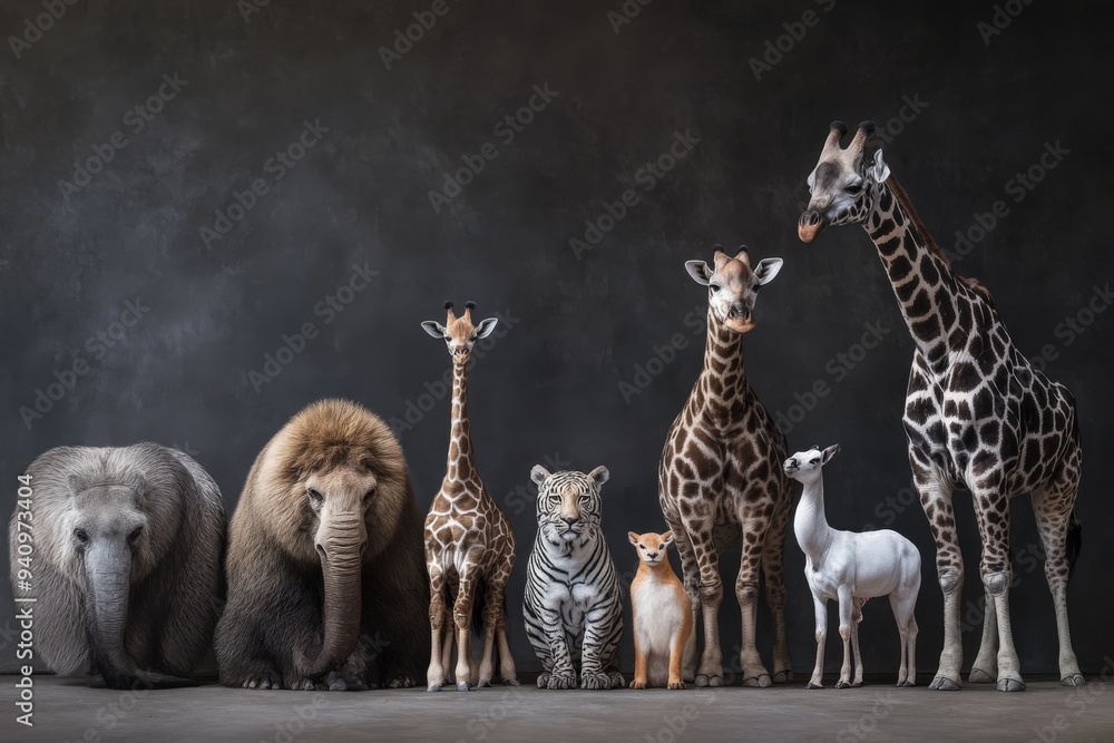 A diverse group of wildlife animals including giraffes and a tiger ...