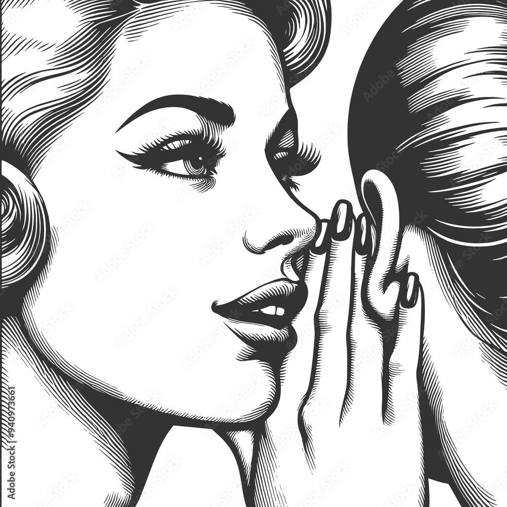 pin-up girls, one whispering a secret into the other ear, with ...