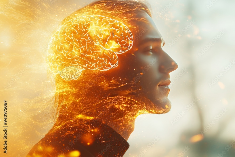 Illuminated profile of a man with a glowing brain reflecting the ...