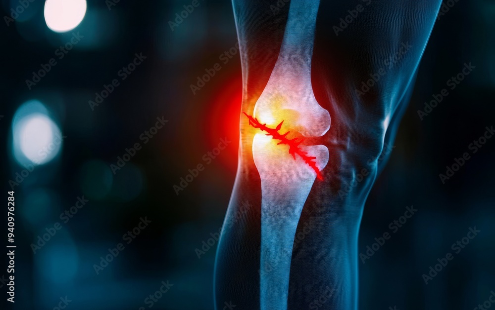 Xray view of a human knee with a glowing red fracture line, Pain ...