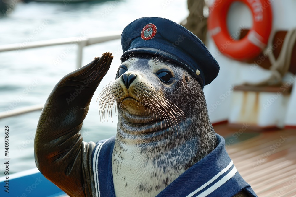 Sailor Seal: A seal in a sailor uniform with a cap, saluting on a boat ...