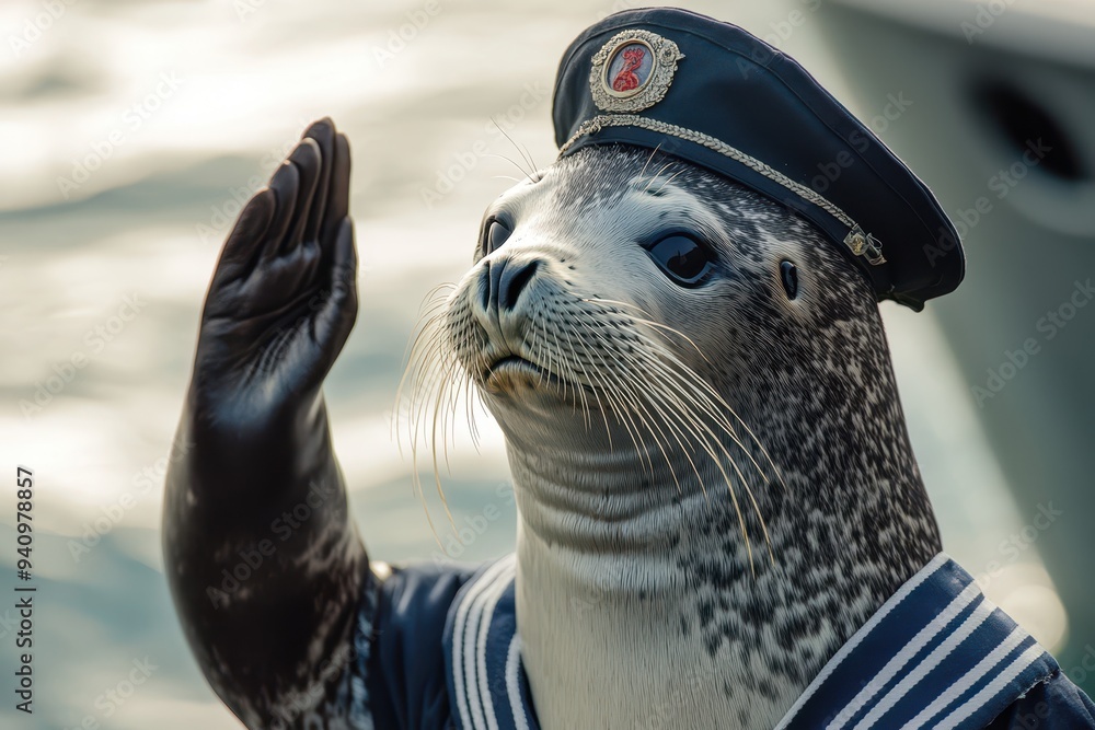 Sailor Seal: A seal in a sailor uniform with a cap, saluting on a boat ...