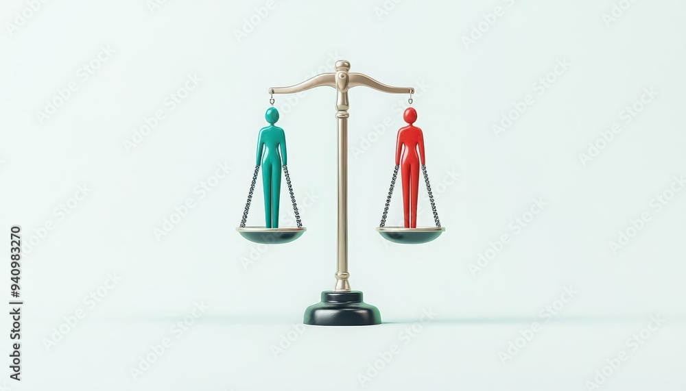Balanced scale with green and red human figures symbolizing equality ...