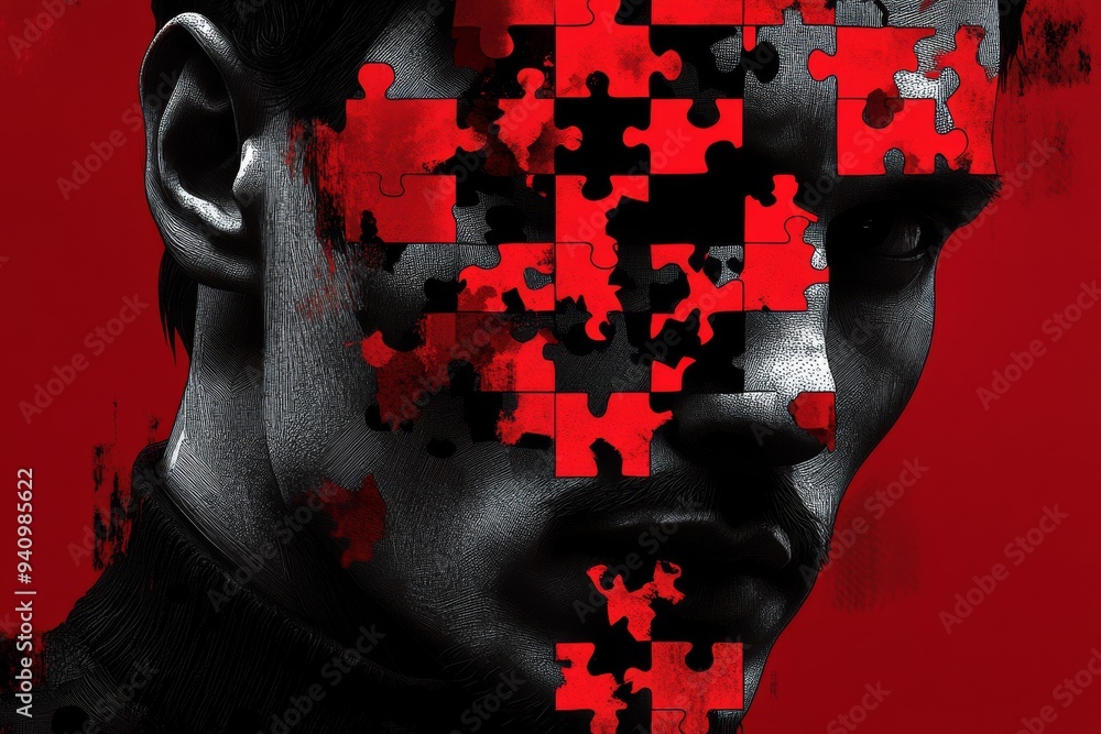 Surreal digital portrait of a man with red puzzle pieces overlaying his ...