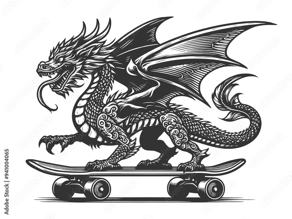 dragon riding a skateboard, blending fantasy with modern elements in a ...