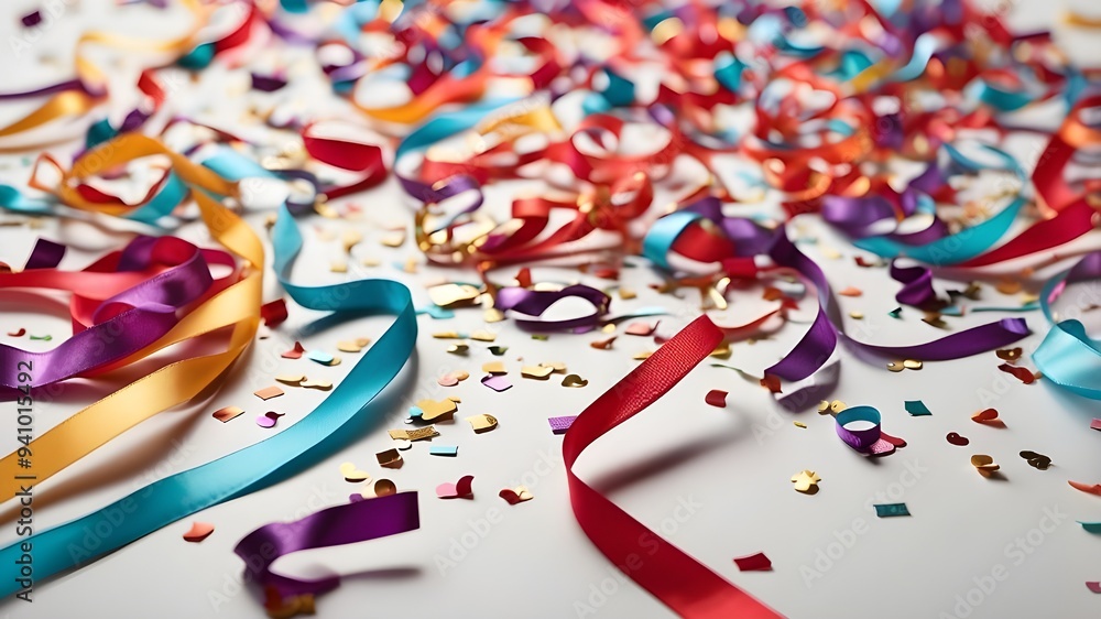 Many different colored ribbons and small confetti over a clear ...