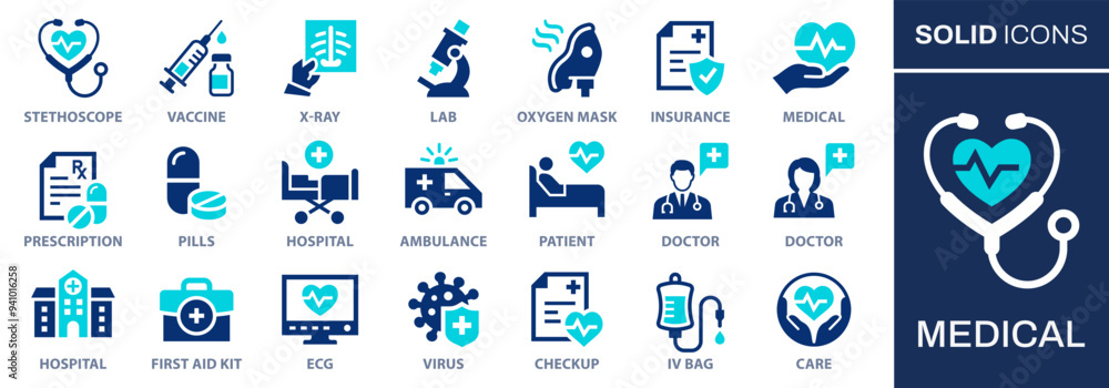 Medical icon set. Collection of vaccine, stethoscope, x-ray, oxygen ...