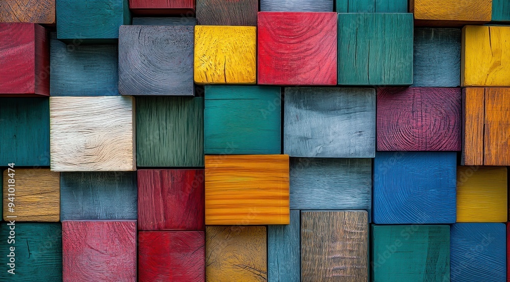 Mur en blocs de bois colorés disposés selon un motif artistique ...